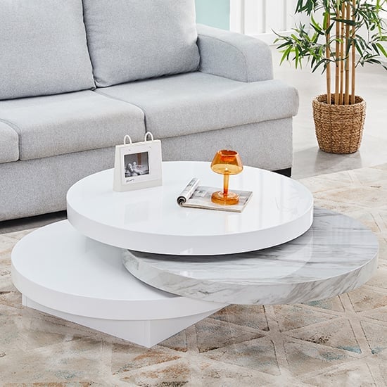 Triplo Round Rotating Coffee Table With Magnesia Marble Effect ...
